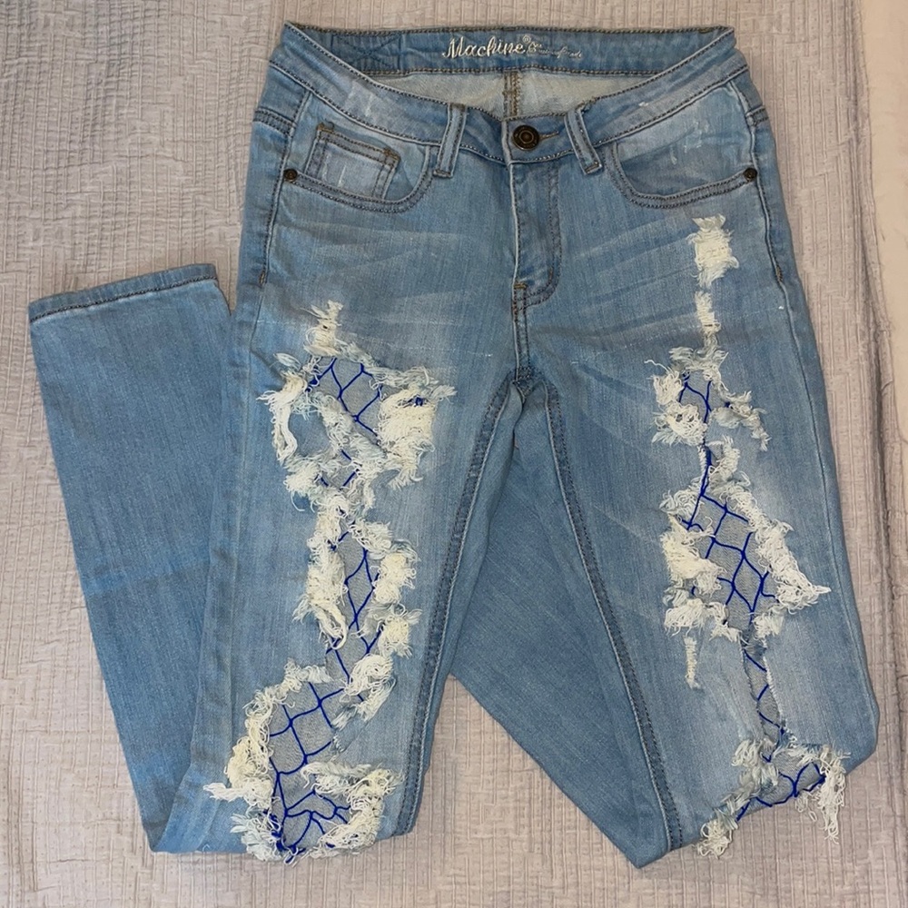 Machine Ripped Jeans With Royal Blue Net - Gem